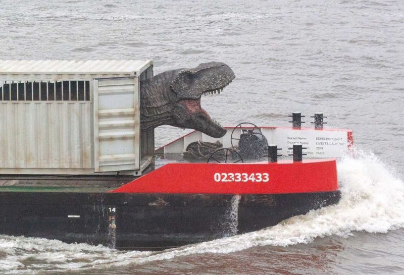 A T-Rex is currently ‘escaping’ from a cage heading down the Thames ...