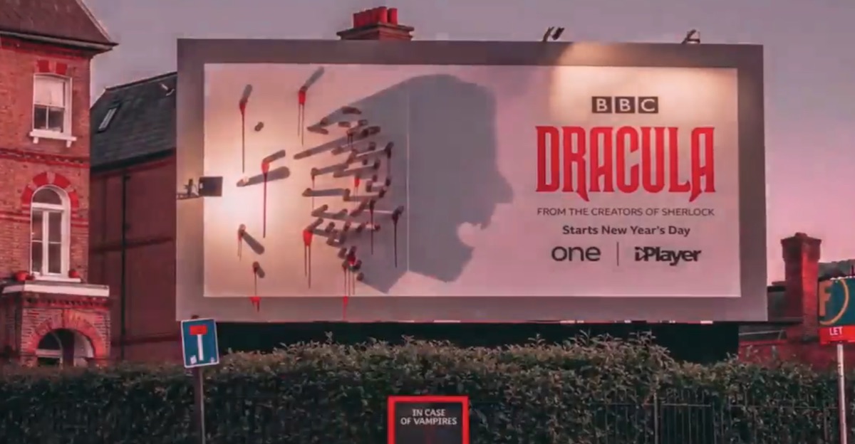BBC Dracula Billboard creates striking portrait from stakes | Famous ...
