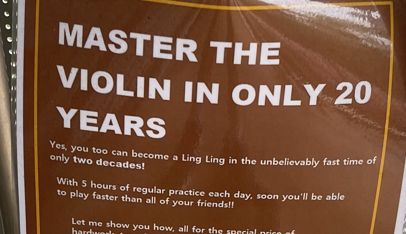 This honest advertisement for violin lessons is not over-promising ... This honest advertisement for violin lessons is not over-promising ...