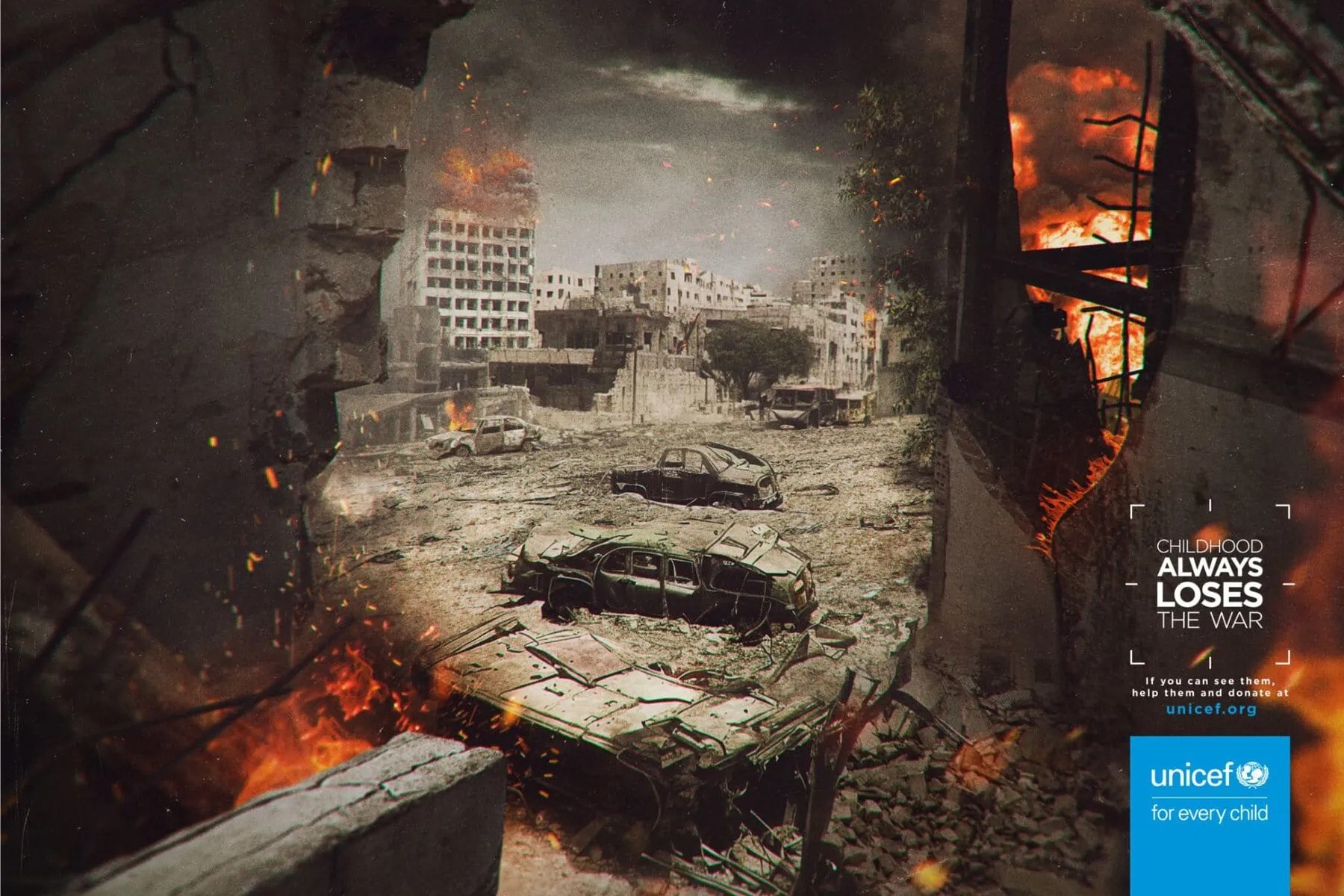 Faces of children appear from the wreckage of war in Unicef campaign ...