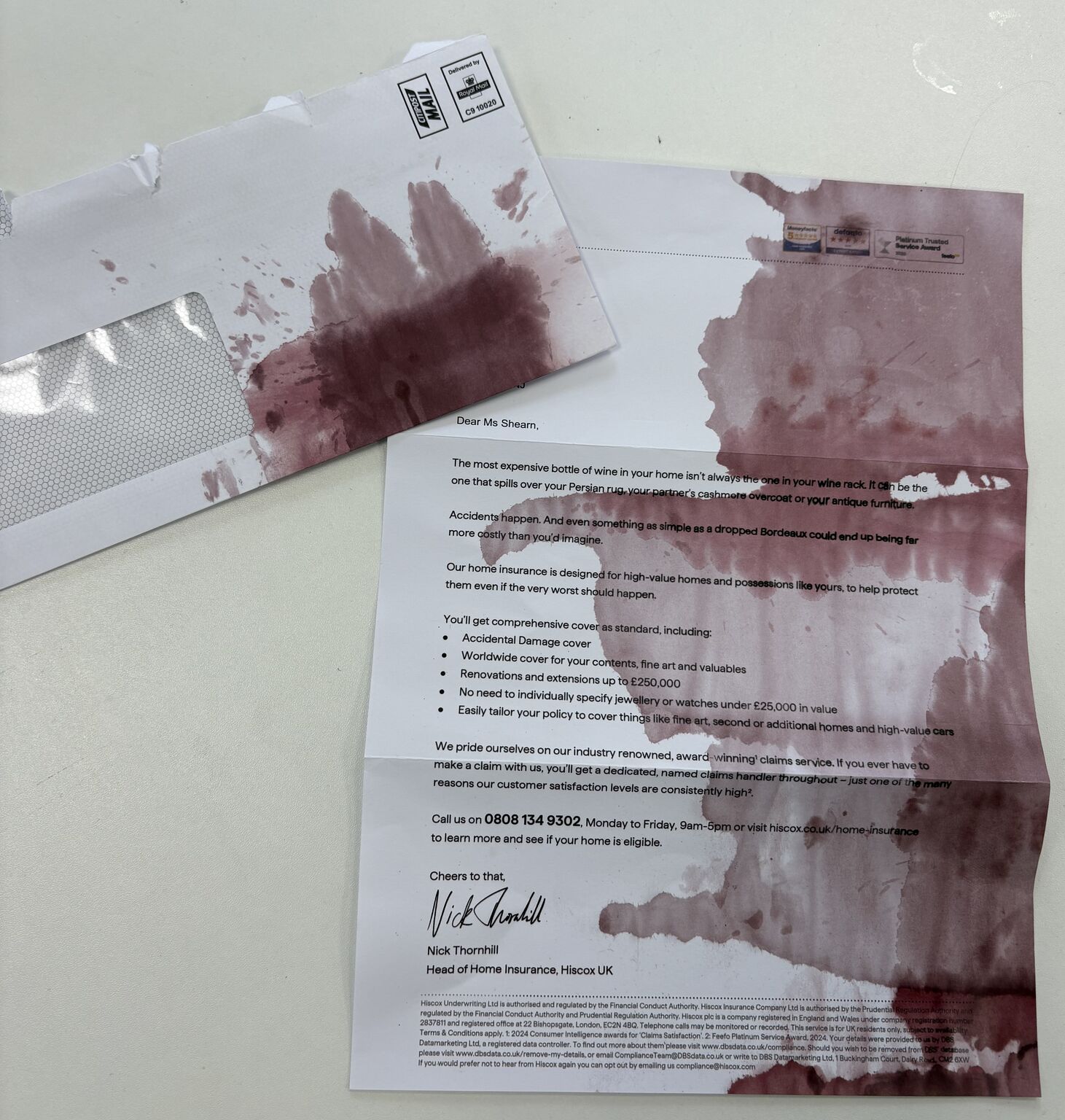 Hiscox wine-stained letters highlight insurance risks | Famous Campaigns